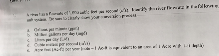 Solved A river has a flowrate of 1,000 cubic feet per second | Chegg.com