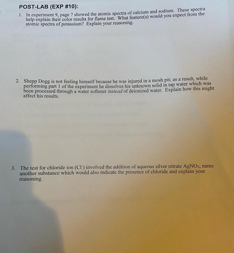 POST-LAB (EXP #10): 1. In experiment 9, page 7 showed | Chegg.com