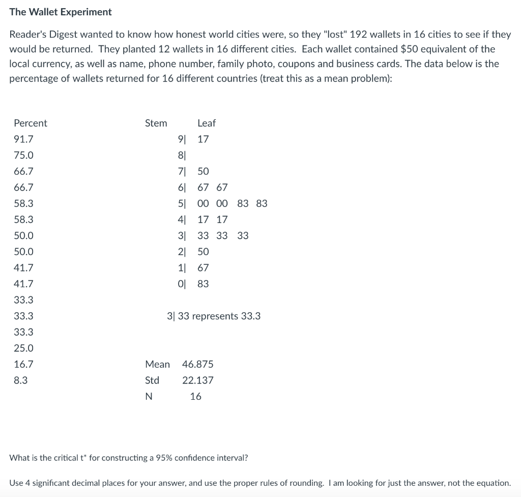 Solved The Wallet Experiment Reader's Digest wanted to know | Chegg.com