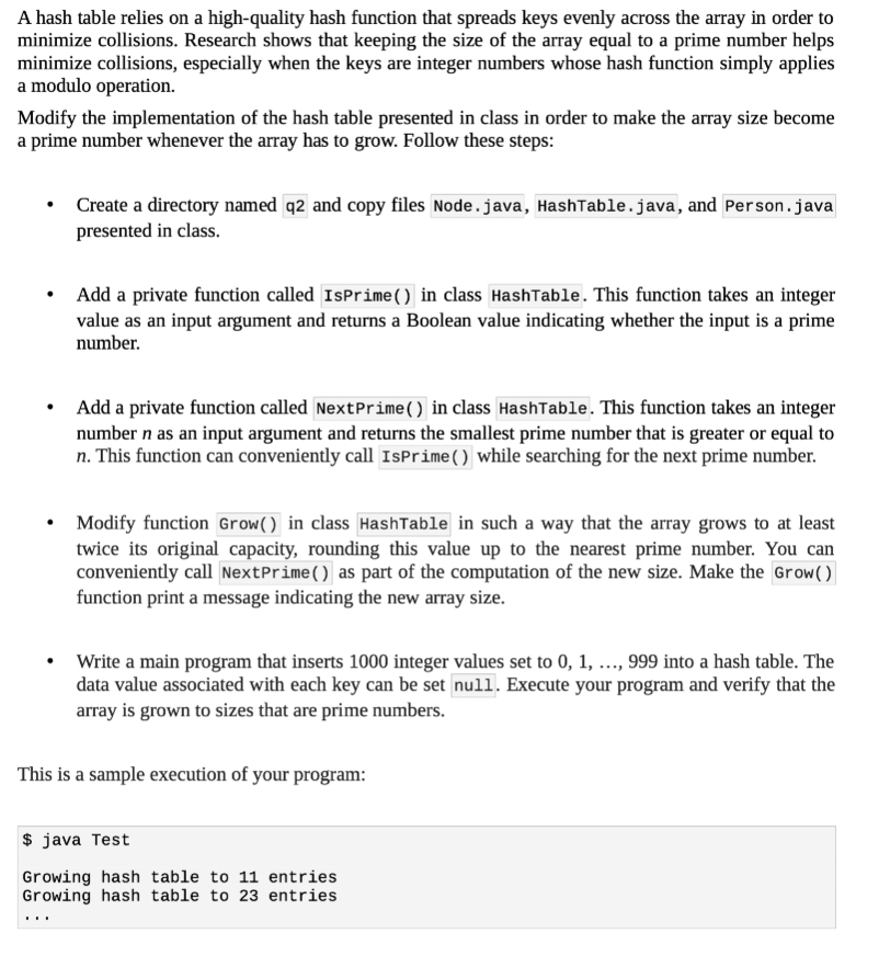 Solved Please Write The Code In Java Class Hashtable 1856