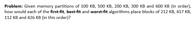Solved Problem: Given memory partitions of 100 KB, 500 KB, | Chegg.com