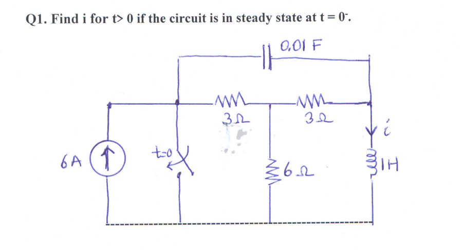 Solved Q1. ﻿Find i for t>0 if ﻿the circuit is in ﻿steady | Chegg.com
