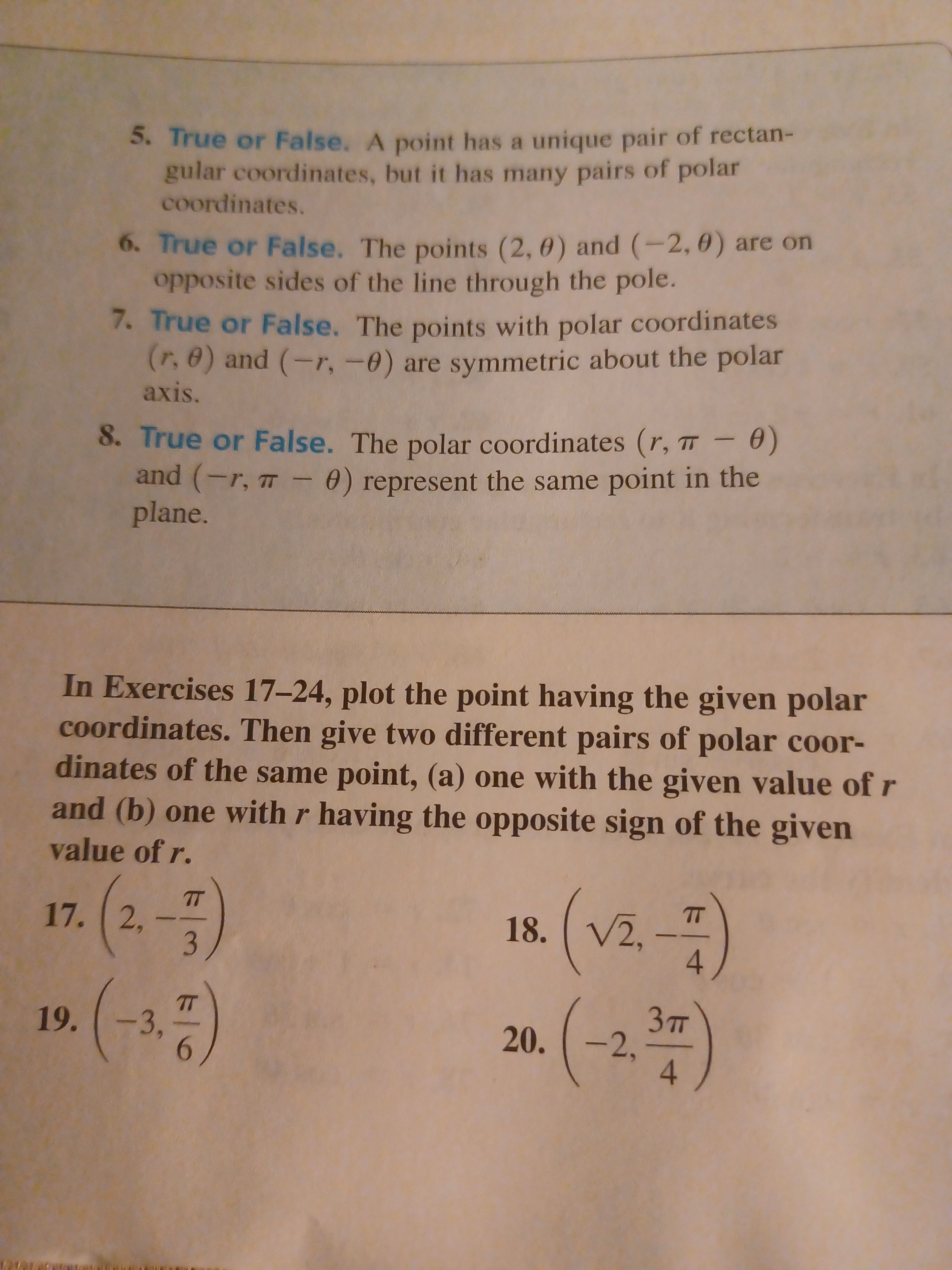 5. True or False. A point has a unique pair of | Chegg.com