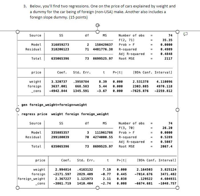 Solved 3. Below, you'll find two regressions. One on the | Chegg.com