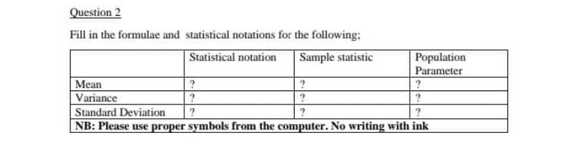 Solved Question 2 Fill in the formulae and statistical | Chegg.com