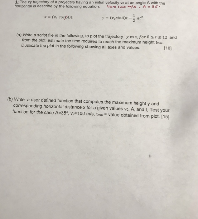 Solved 1 The Xy Trajectory Of A Projectile Having An