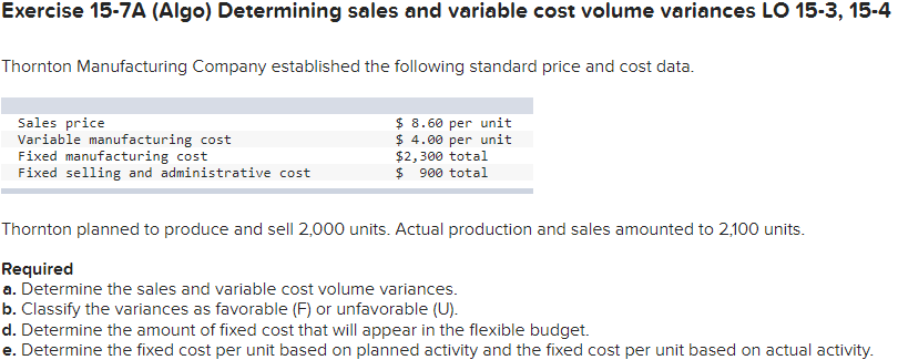 Solved Exercise 15-7A (Algo) Determining sales and variable | Chegg.com