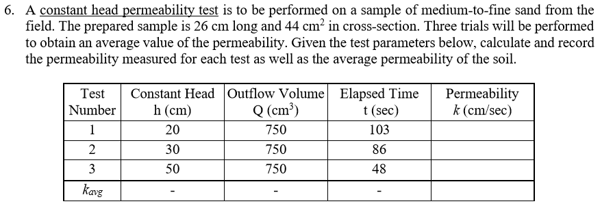 Solved 6. A constant head permeability test is to be | Chegg.com