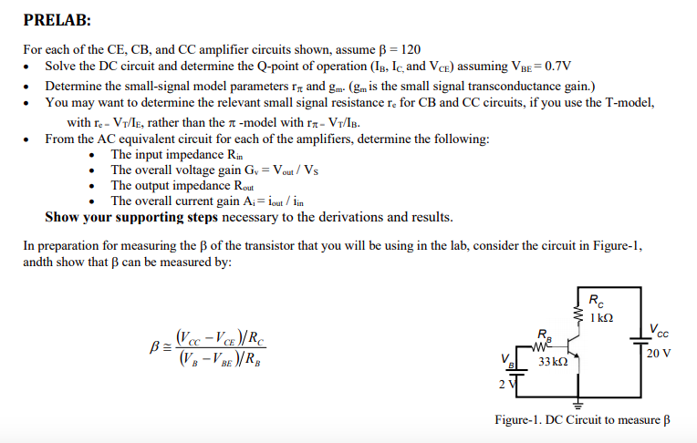 Solved PRELAB: For each of the CE, CB, and CC amplifier | Chegg.com