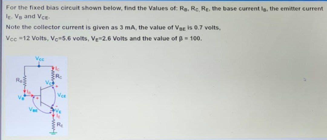 Solved For the fixed bias circuit shown below, find the | Chegg.com