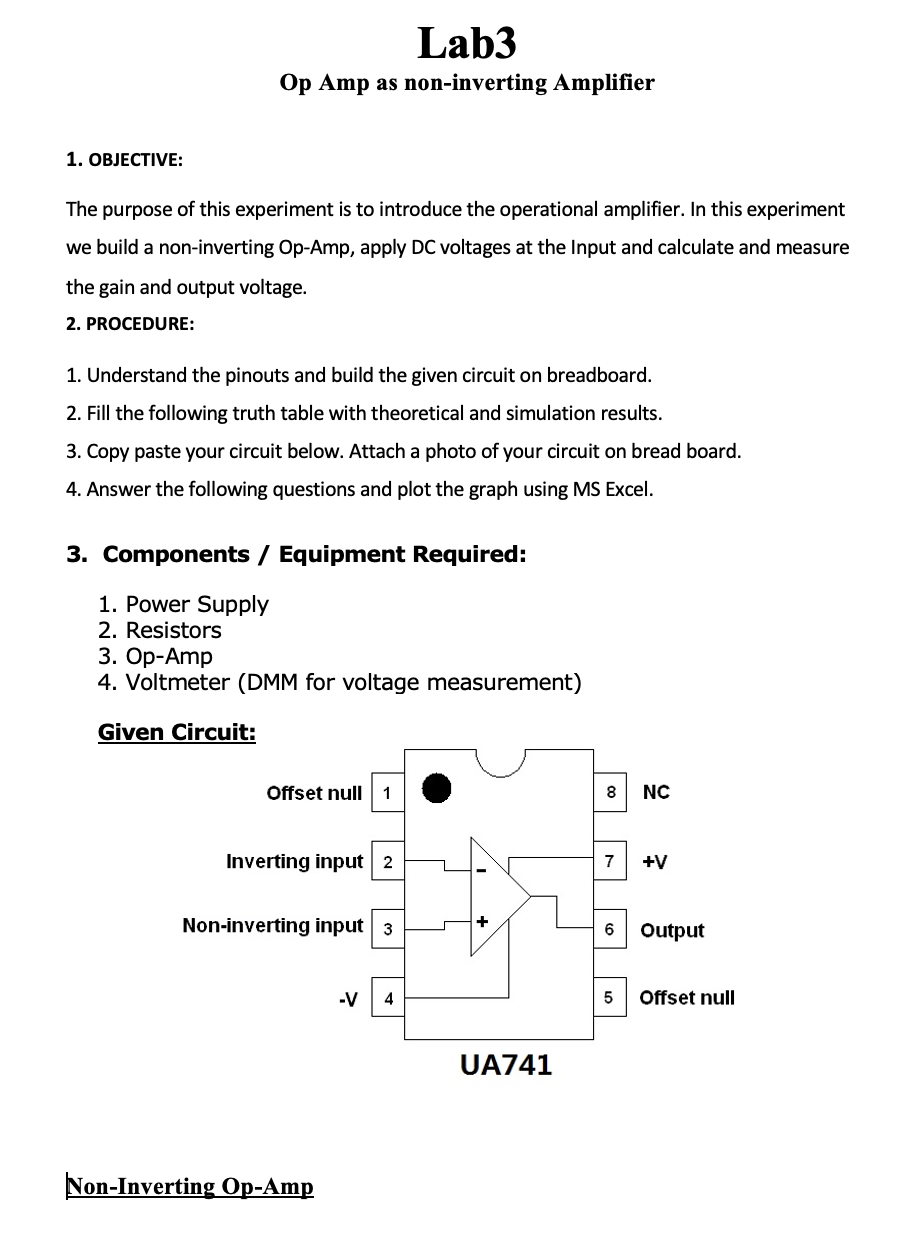 Solved Lab3 Op Amp as non-inverting Amplifier 1. OBJECTIVE: | Chegg.com