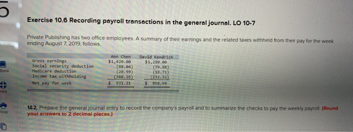 Solved Exercise 10.6 Recording payroll transactions in the | Chegg.com