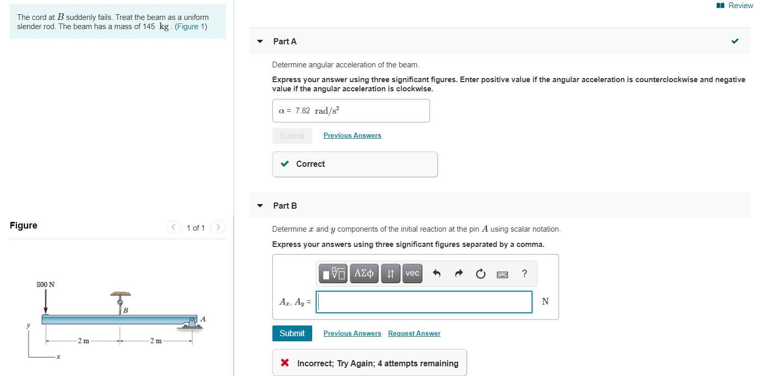 Solved Review The cord at B suddenly fails. Treat the beam | Chegg.com