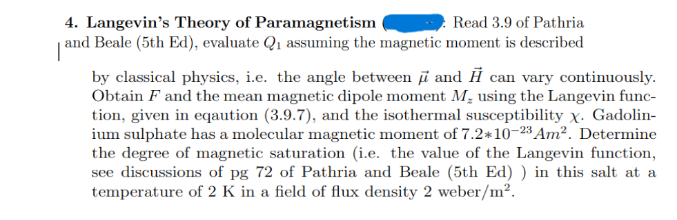Solved 4. Langevin's Theory of Paramagnetism Read 3.9 of | Chegg.com
