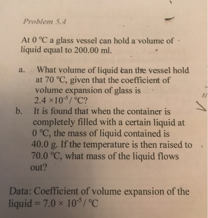 Solved Problem 5.4 At 0 °C a glass vessel can hold a volume | Chegg.com