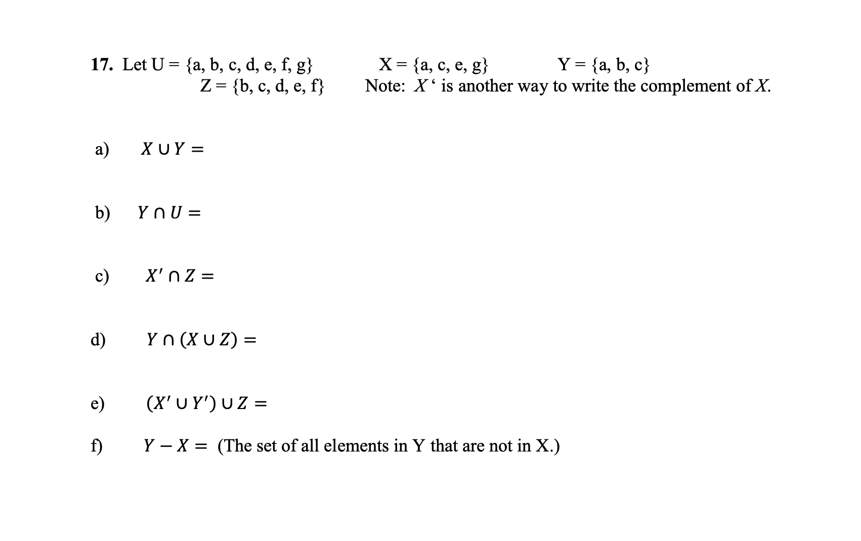 Solved 17. Let U={a,b,c,d,e,f,g} Z={b,c,d,e,f} | Chegg.com