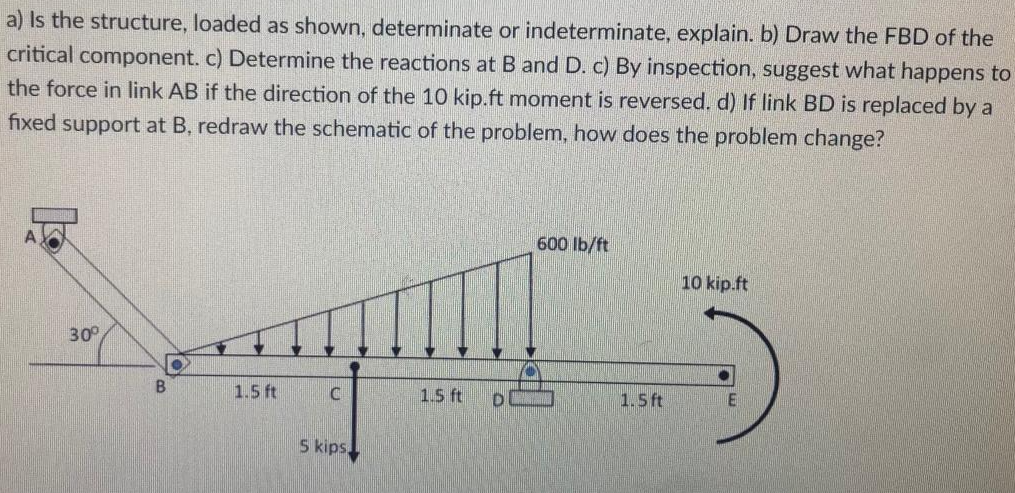 Solved a) Is the structure, loaded as shown, determinate or | Chegg.com