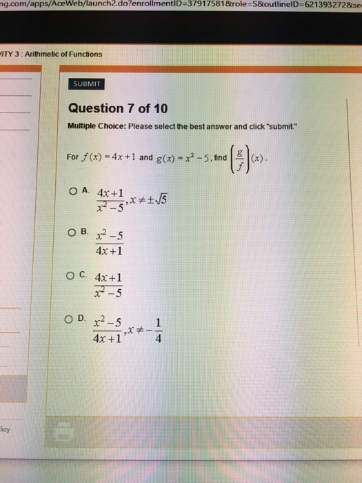 Solved For f(x) = 4x+1 and g(x) = x^2- 5, find (g/f) (x). | Chegg.com