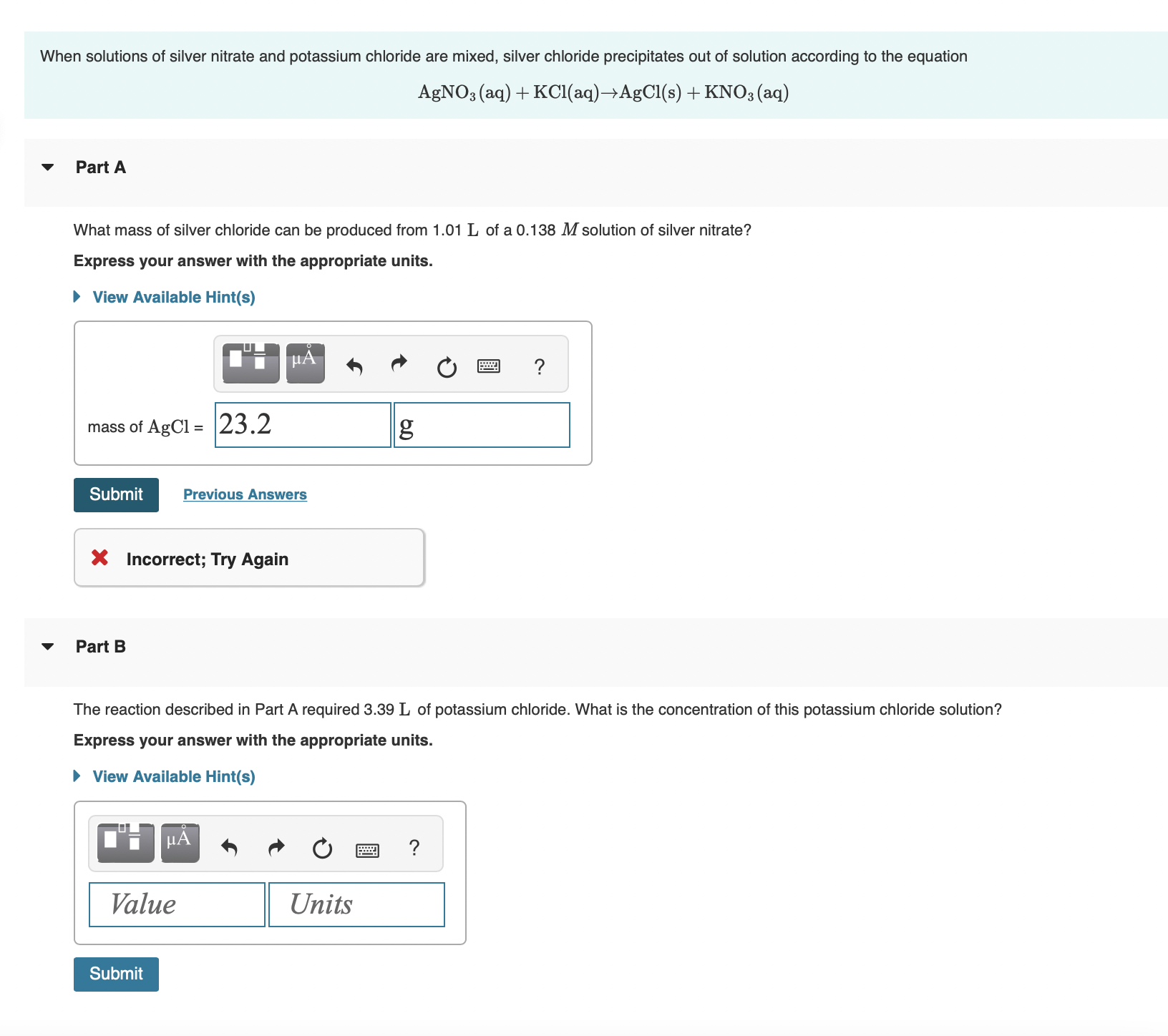 Solved AgNO3(aq)+KCl(aq)→AgCl(s)+KNO3(aq) Part A What mass | Chegg.com