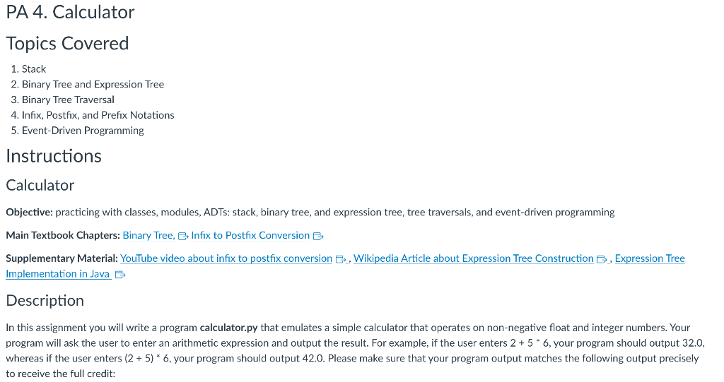 Solved PA 4. Calculator Topics Covered 1. Stack 2. Binary | Chegg.com