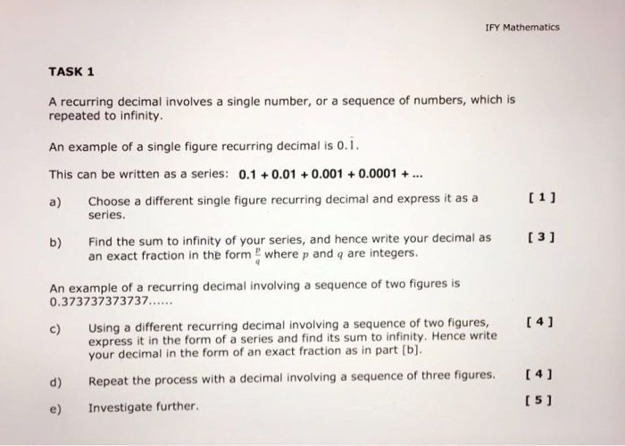Solved IFY Mathematics TASK 1 A recurring decimal involves a | Chegg.com