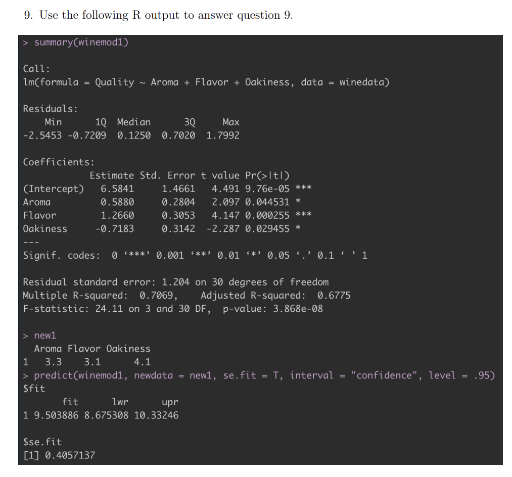 9. Use the following R output to answer question 9. | Chegg.com