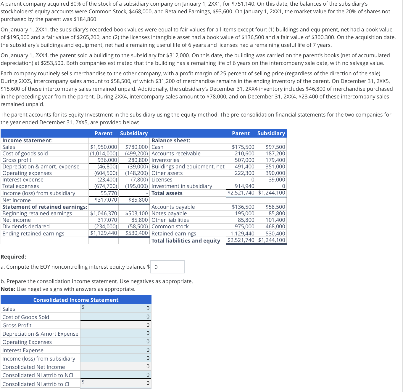 Solved A parent company acquired 80% of the stock of a | Chegg.com