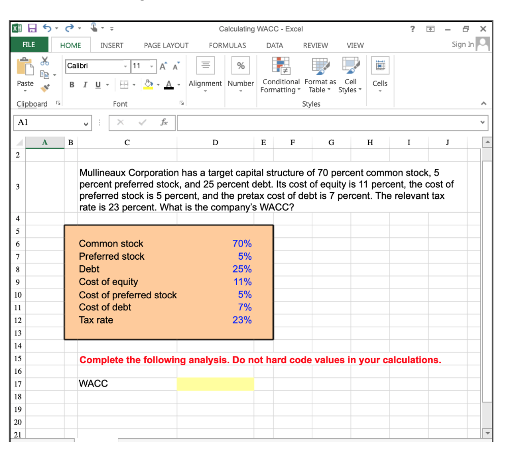Solved Calculating WACC Excel HOME INSERT PAGE LAYOUT | Chegg.com