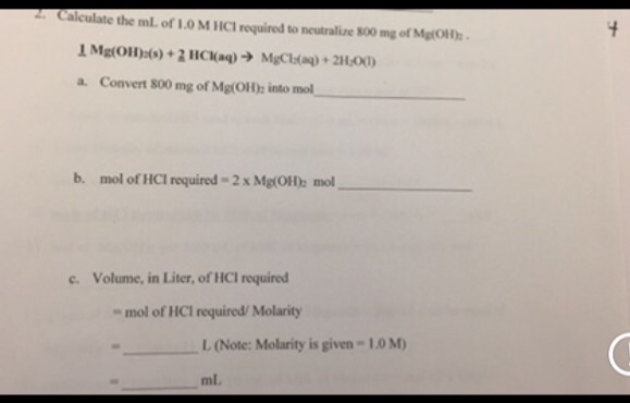Solved Calculate the mL of 1.0 M HCl required to neutralize | Chegg.com