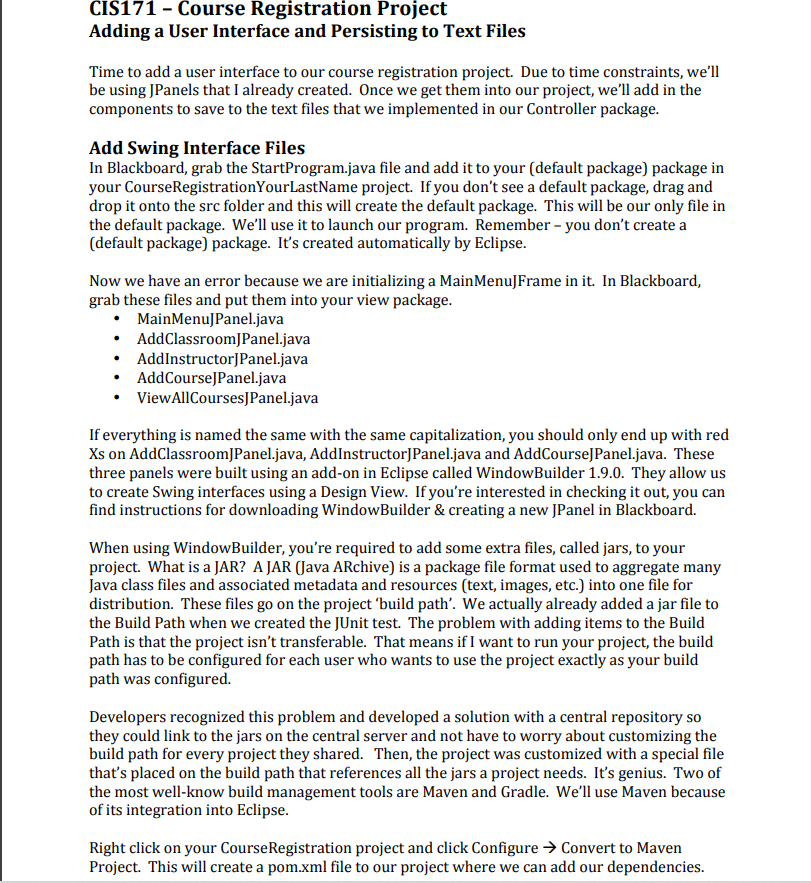 CIS171 - Course Registration Project Adding a User | Chegg.com