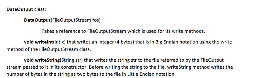 Solved DataOutput class: DataOutput(FileOutputStream fos) | Chegg.com