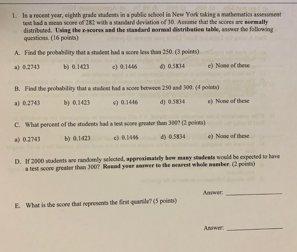 Solved 1. In a recent year, eighth grade students in a | Chegg.com