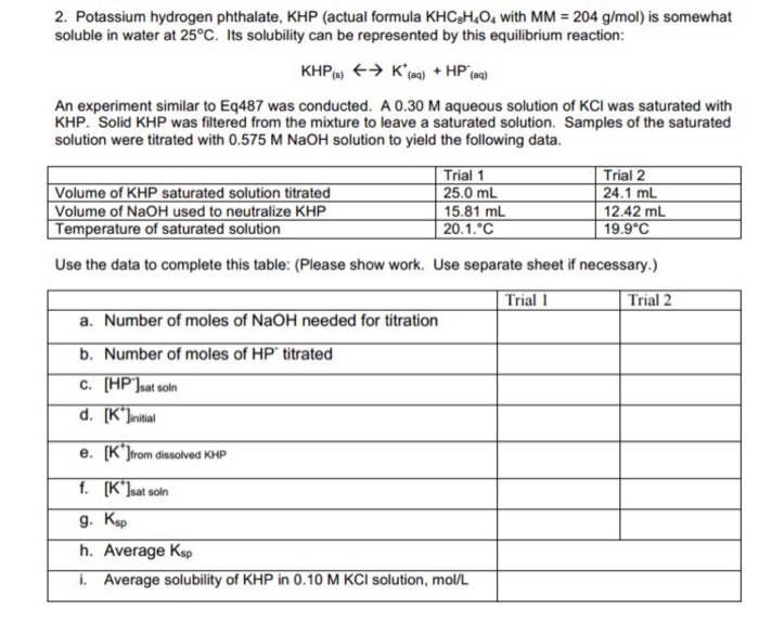 Solved Potassium hydrogen phthalate, KHP (actual formula | Chegg.com