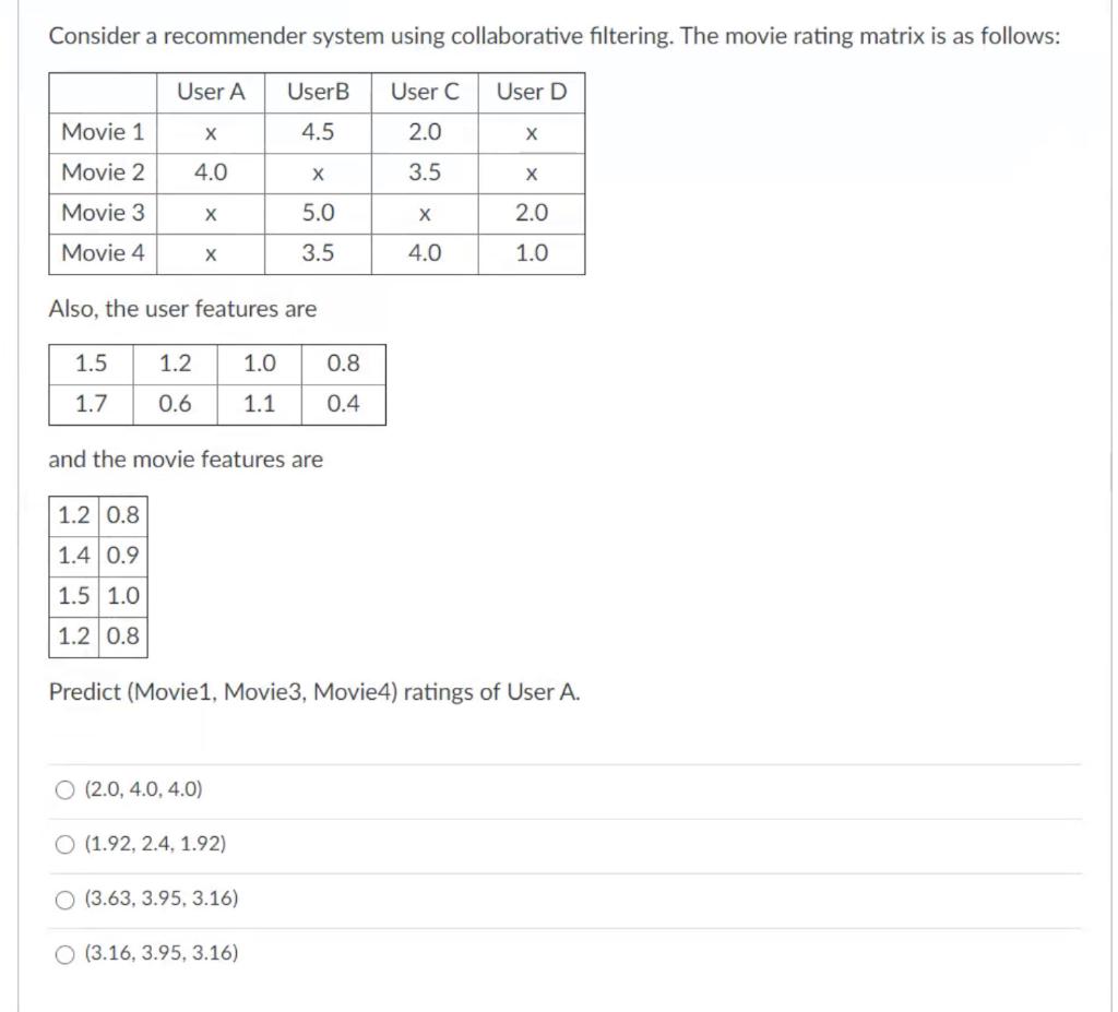 Solved Consider a recommender system using collaborative | Chegg.com