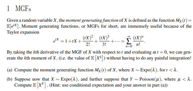 Solved 1 MGFs n=0 Given a random variable X, the moment | Chegg.com