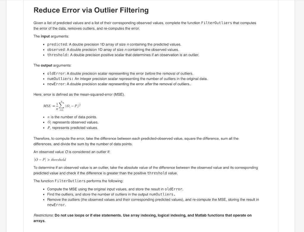 Solved Reduce Error via Outlier Filtering Given a list of | Chegg.com