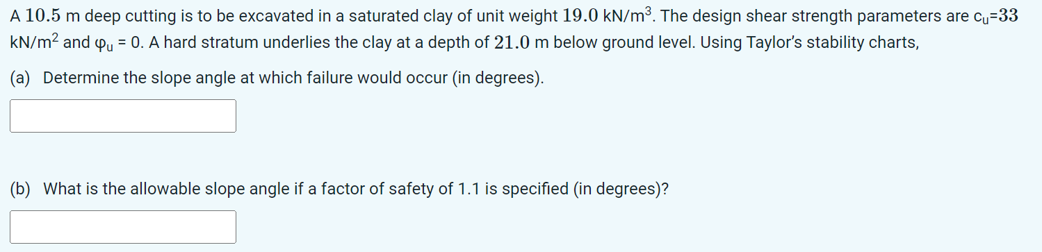 Solved A 10.5 m deep cutting is to be excavated in a | Chegg.com