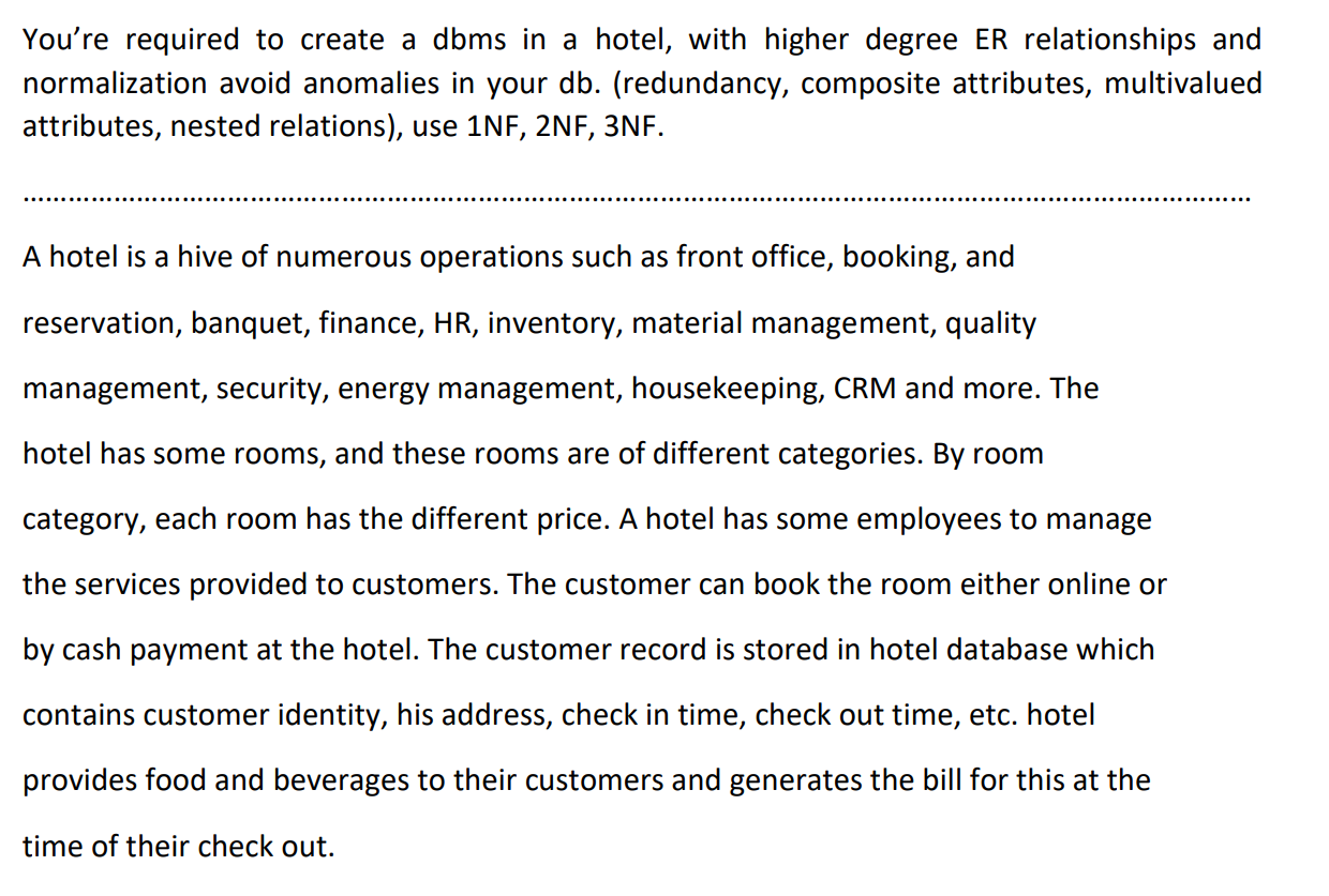 Solved You're required to create a dbms in a hotel, with | Chegg.com