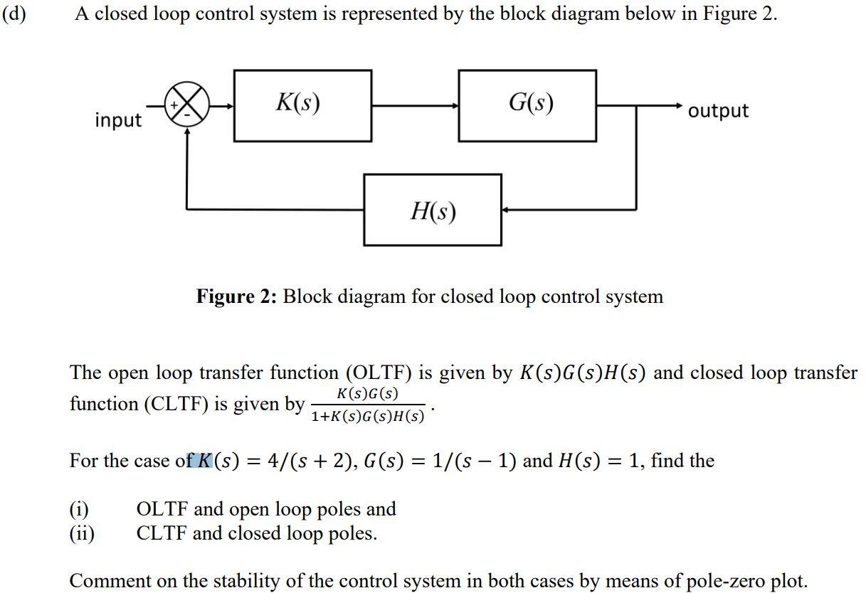 Solved (d) A closed loop control system is represented by | Chegg.com