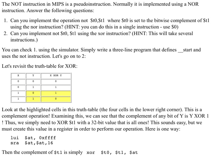 The NOT instruction in MIPS is a pseudoinstruction. | Chegg.com The NOT instruction in MIPS is a pseudoinstruction. | Chegg.com