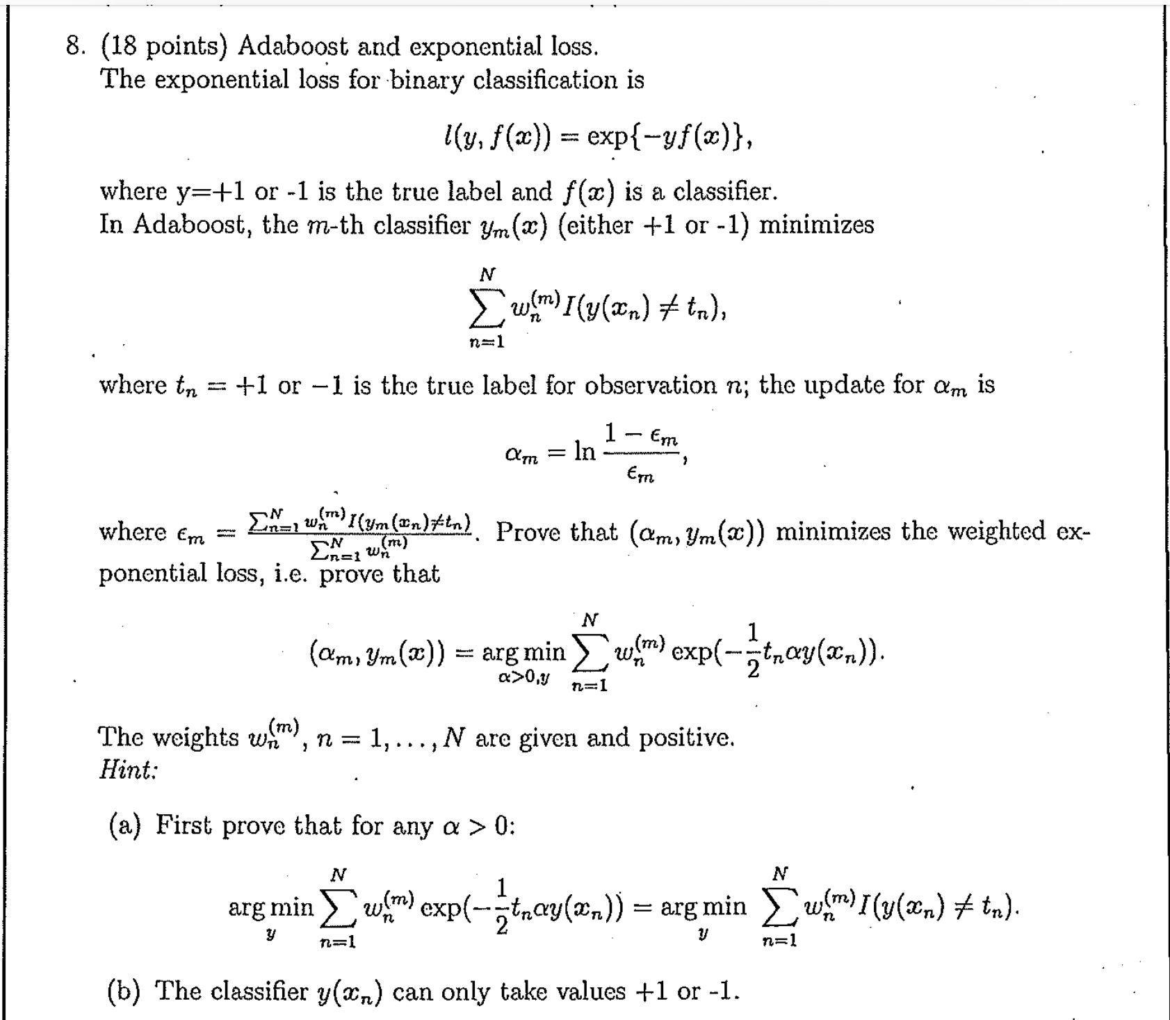 Solved 8. (18 points) Adaboost and exponential loss. The | Chegg.com