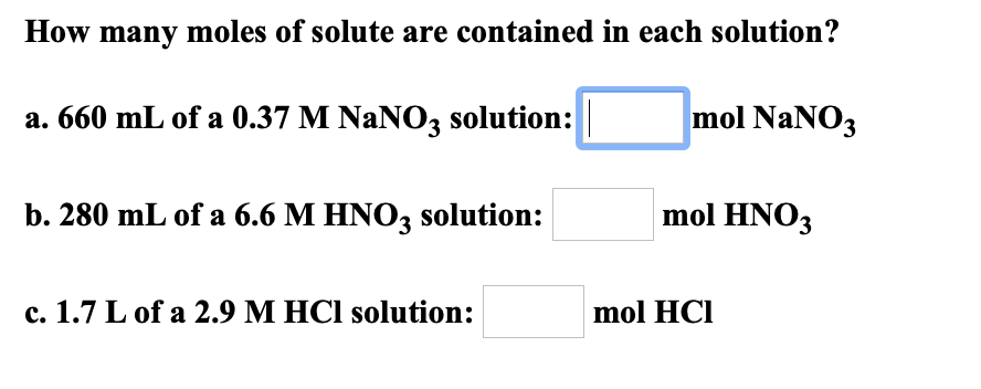 Solved How many moles of solute are contained in each | Chegg.com