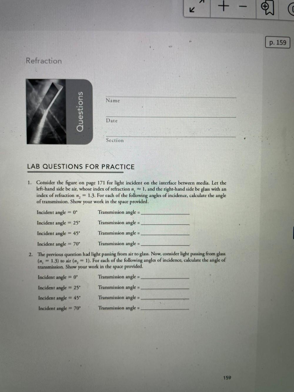 Solved + - k p. 159 Refraction Name Questions Date Section | Chegg.com