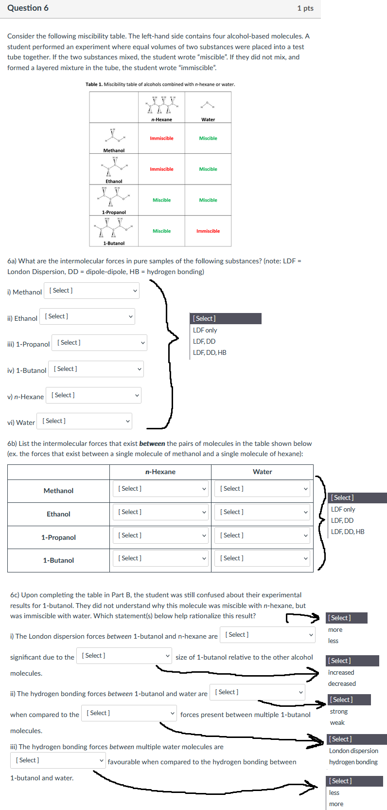 Solved Question 6 1 pts Consider the following miscibility | Chegg.com