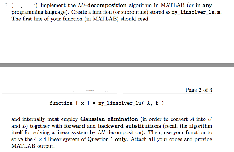 Solved Implement The Lu Decomposition Algorithm In Matlab 1514