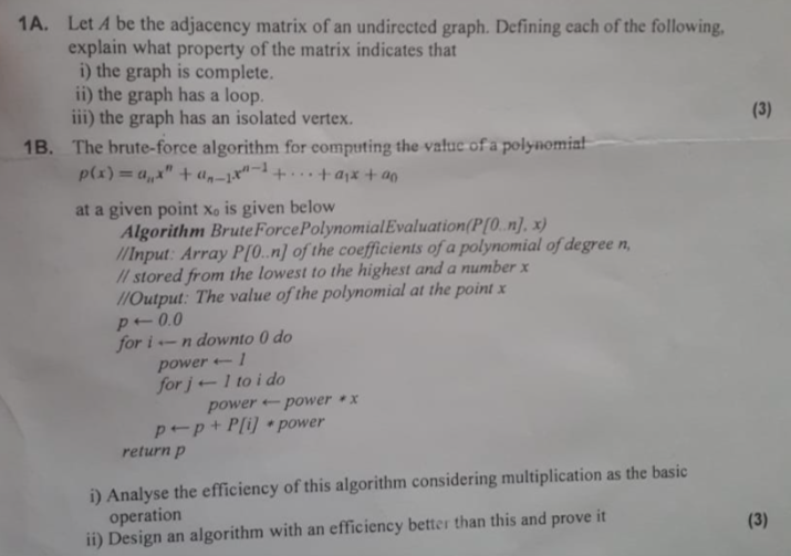 Solved 1A. Let A be the adjacency matrix of an undirected | Chegg.com