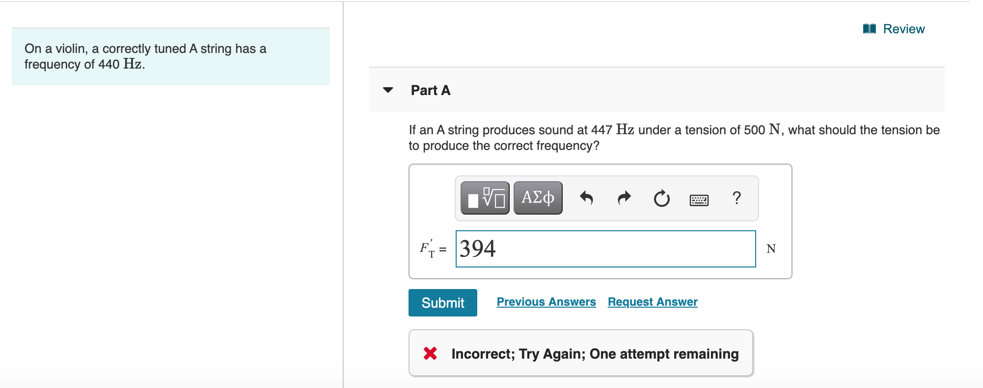 Solved I Review On a violin, a correctly tuned A string has | Chegg.com