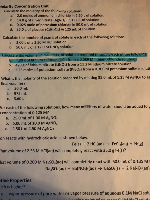 Solved Molarity Concentration Unit Calculate the molarity of | Chegg.com
