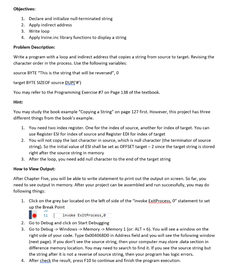 Objectives: 1. Declare and initialize null-terminated | Chegg.com