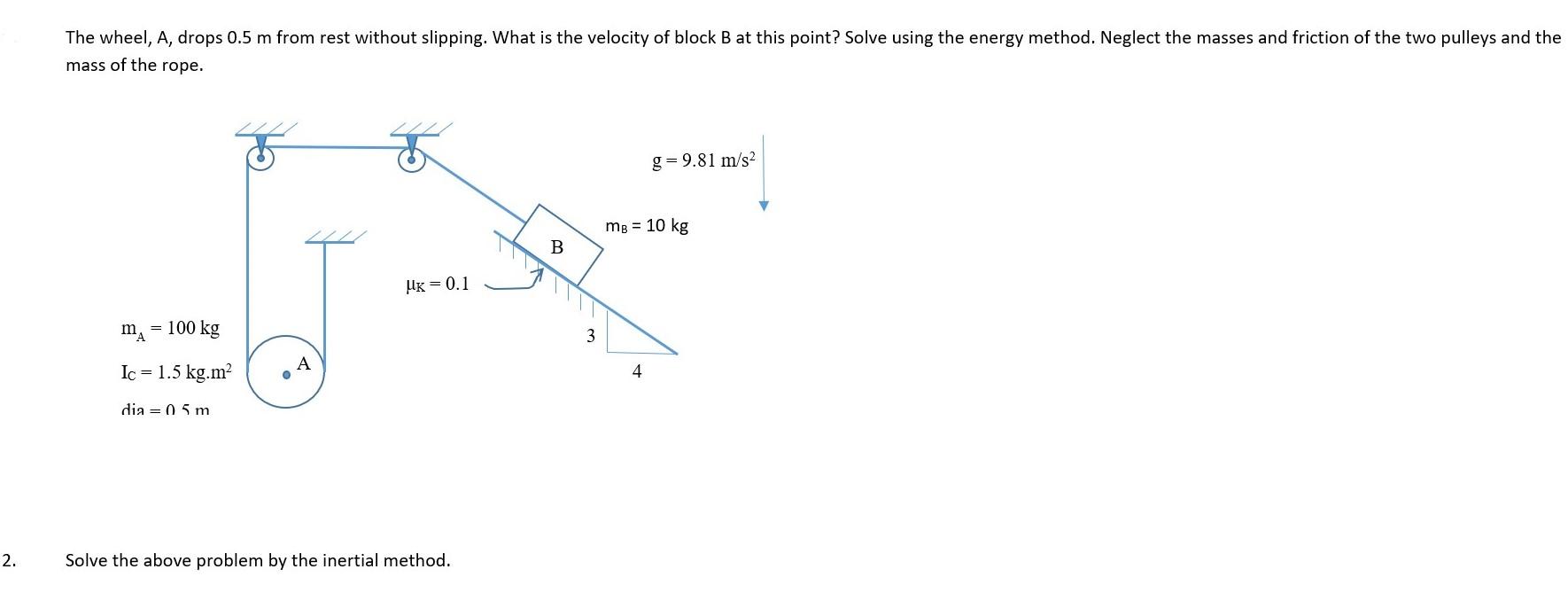 Solved The wheel, A, drops 0.5 m from rest without slipping. | Chegg.com